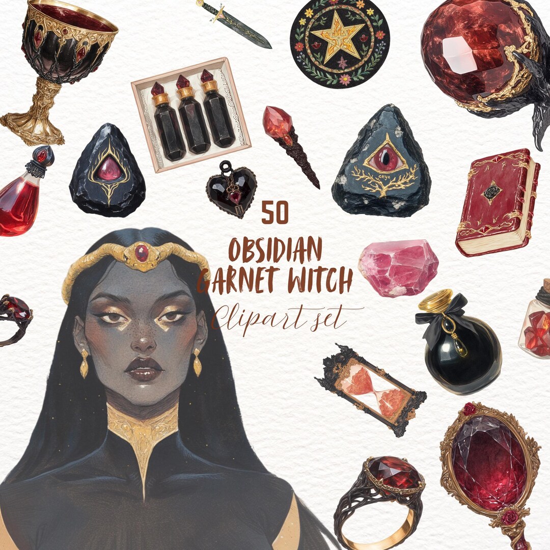 Obsidian Garnet Witch Clipart Bundle Celestial Wicca Sticker Set ...