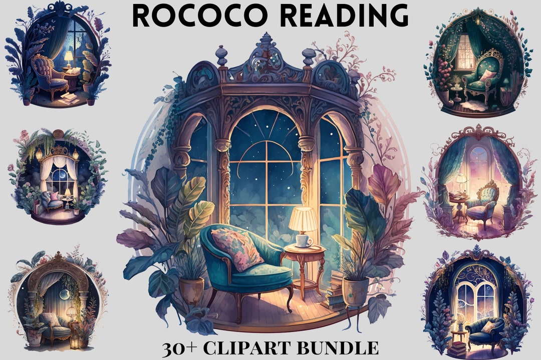 Watercolour Bookworm Cozy Rococo Reading Corner Clipart Bundle ...