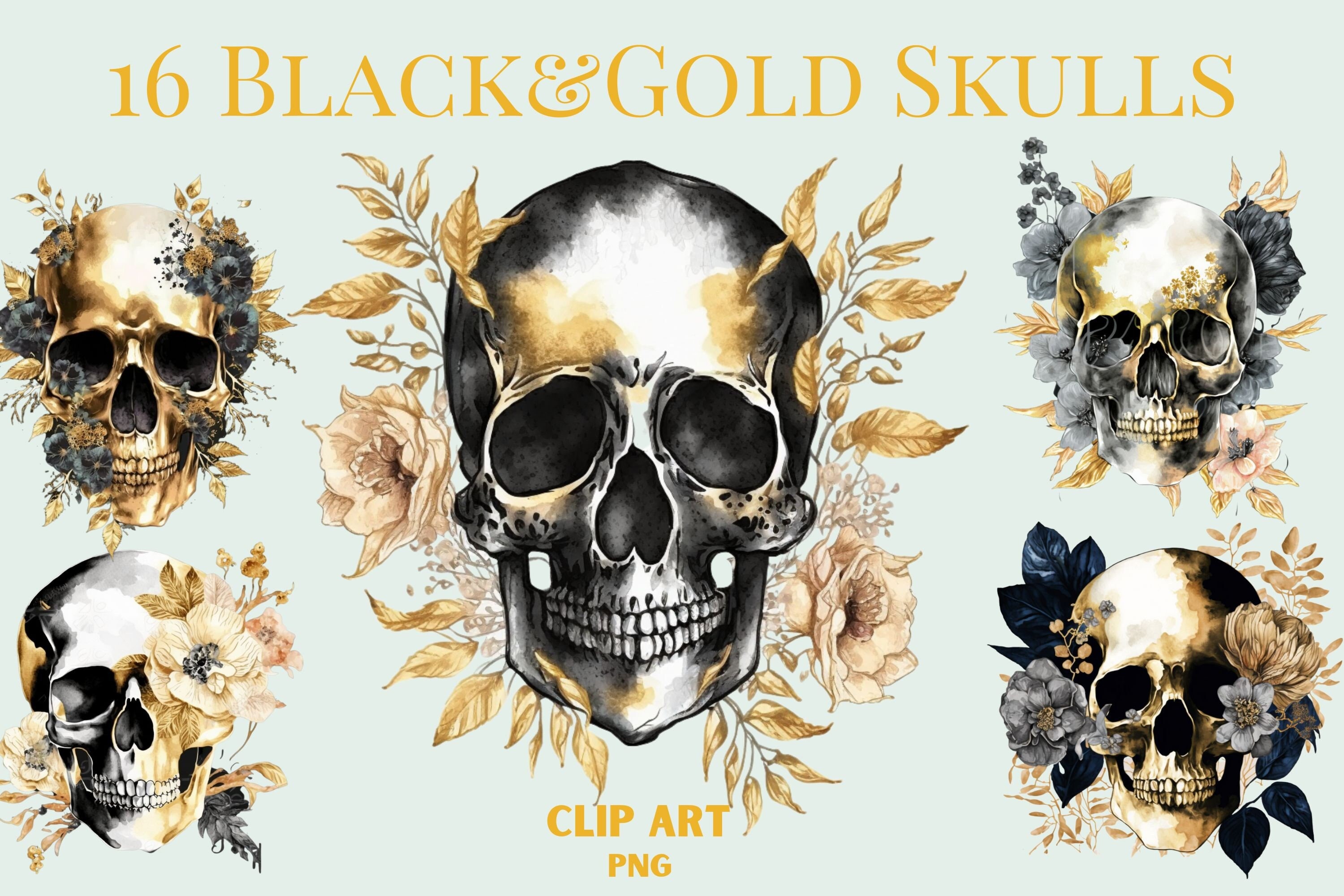 Black and Gold Floral Skull Png Skull Clipart Wiccan - Etsy