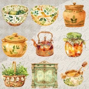 Watercolour Rustic Cozy Cottagecore Kitchen Tools, Clipart Bundle, Cozy ...