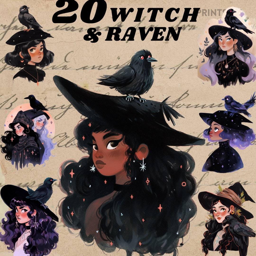 Cute Witch an Raven Wiccan Digital Stickers, Occult Clipart Journaling ...