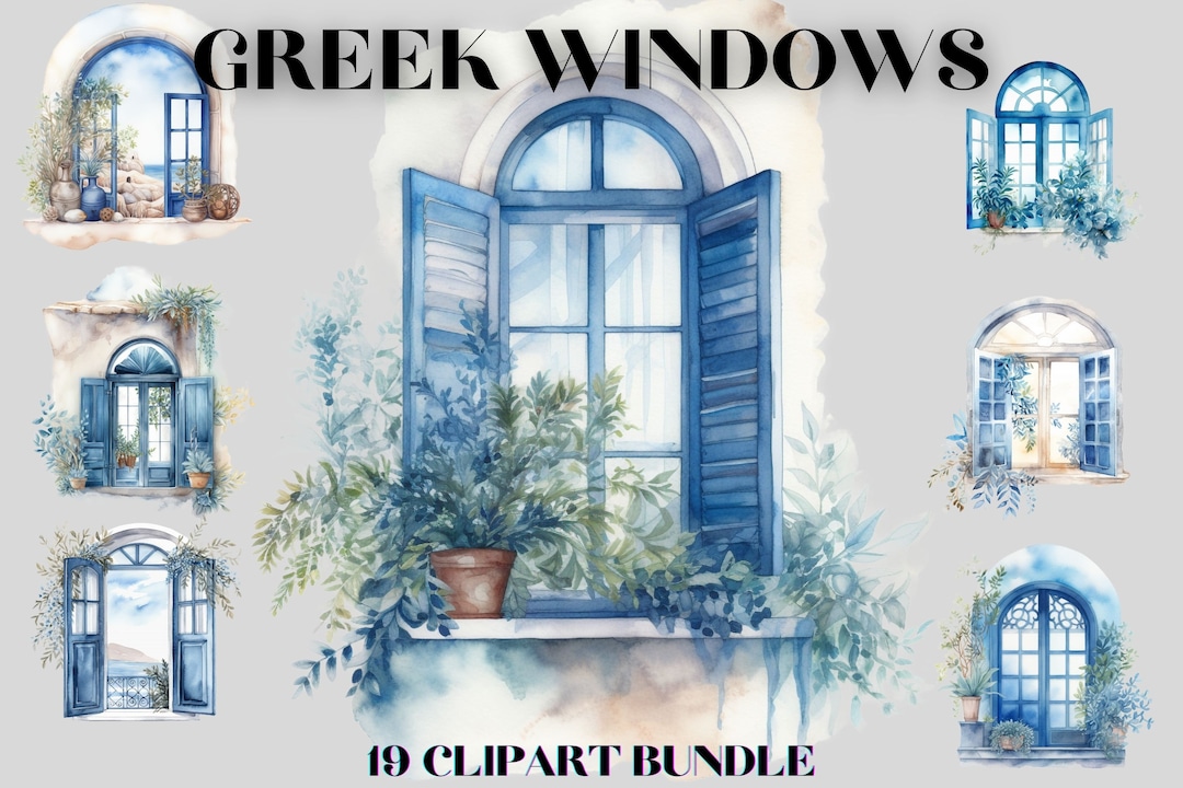 Watercolour Greek Style Window, Rustic Window, Clipart Bundle ...