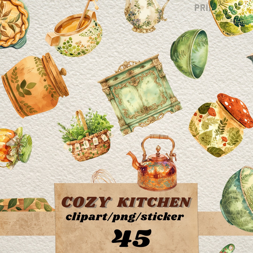 Watercolour Rustic Cozy Cottagecore Kitchen Tools, Clipart Bundle, Cozy ...