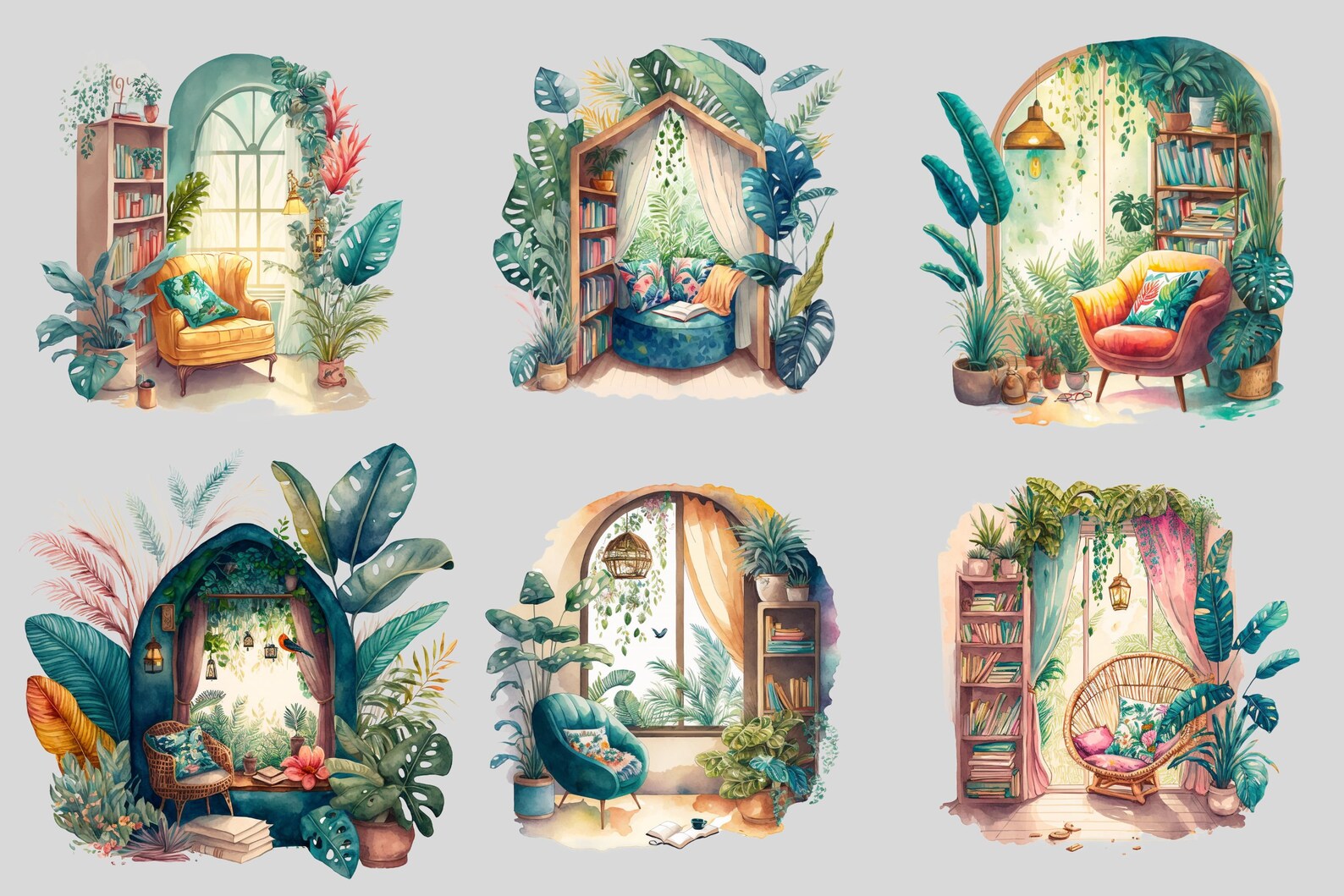 Watercolour Tropical Bookworm Cozy Reading Corner Clipart Bundle ...
