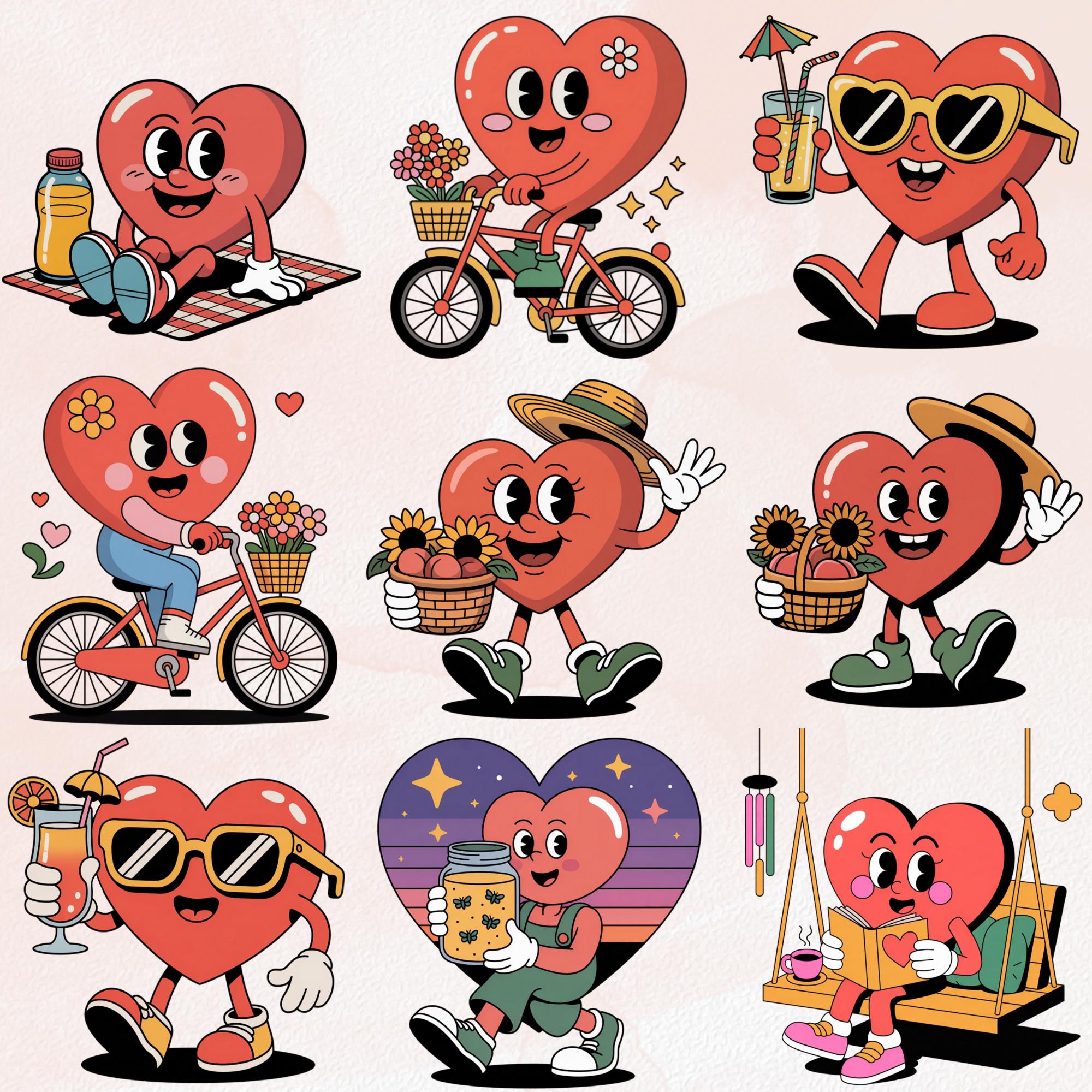 Retro Summer Hearts Digital Stickers, 2D Flat Floral Heart Clipart ...