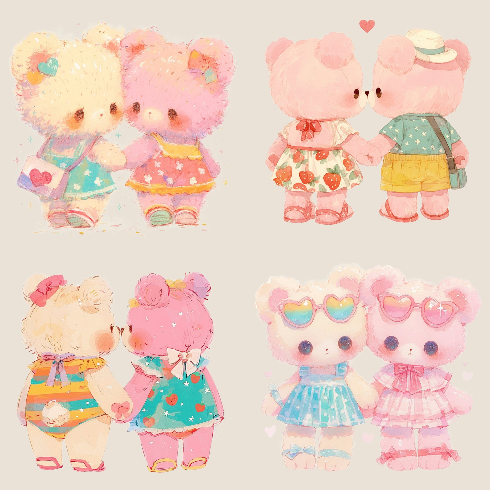 Cute Teddy Bear Summer Friends Digital Sticker, Vintage Summer Clipart ...