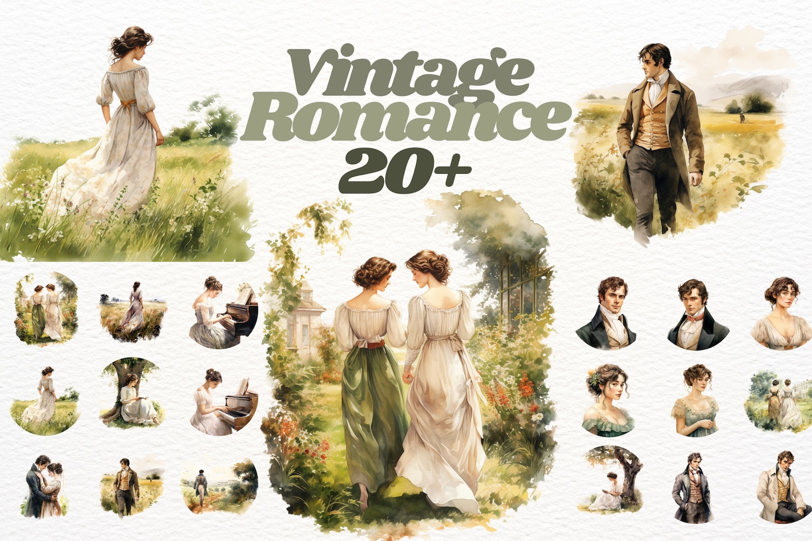Watercolour Vintage Romance Clipart Bundle, Regency Clipart, Elizabeth ...