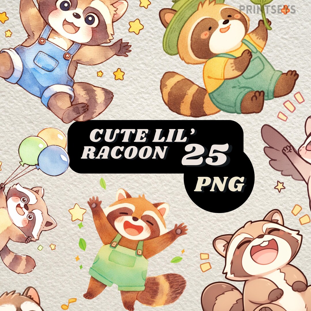 Cute Kawaii Racoons Digital Stickers, Baby Racoon Png, Fox Png ...