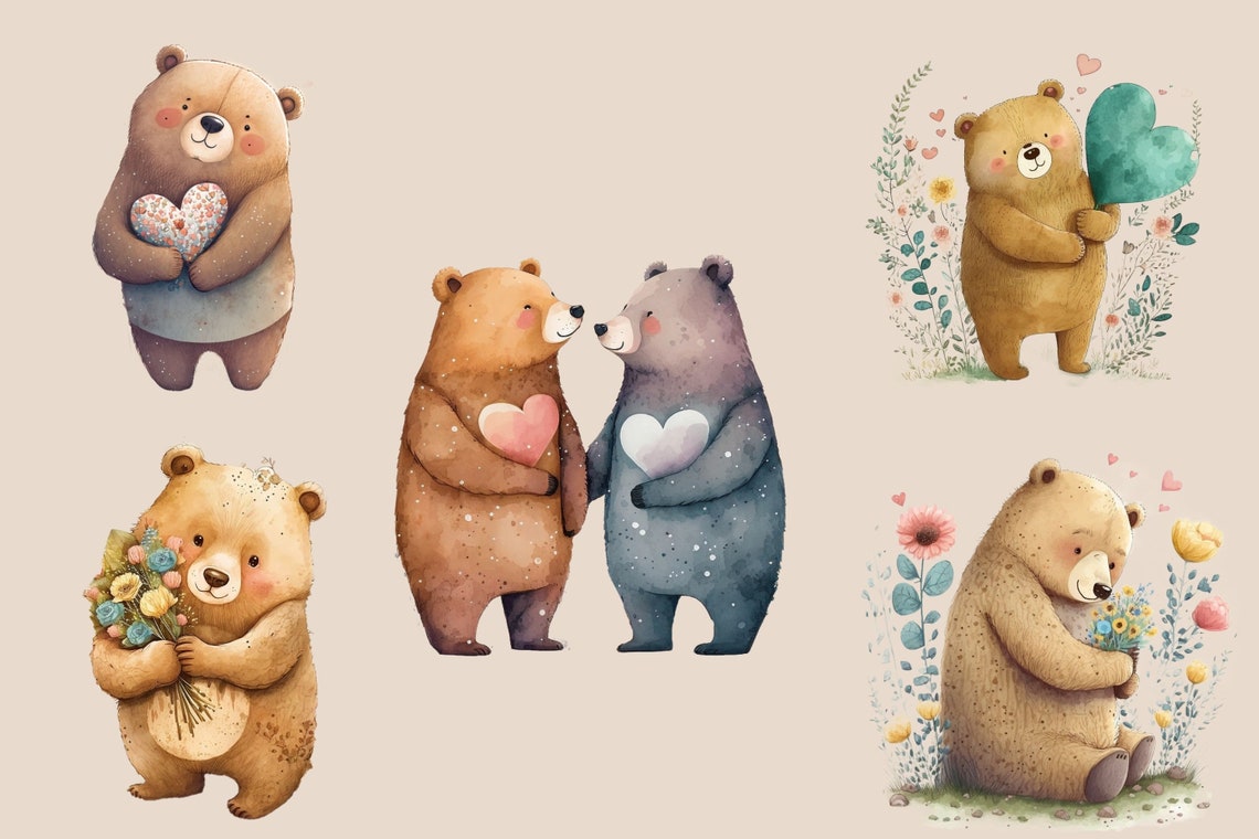Watercolour Valentines Day Love Bears Clipart Valentine Png - Etsy