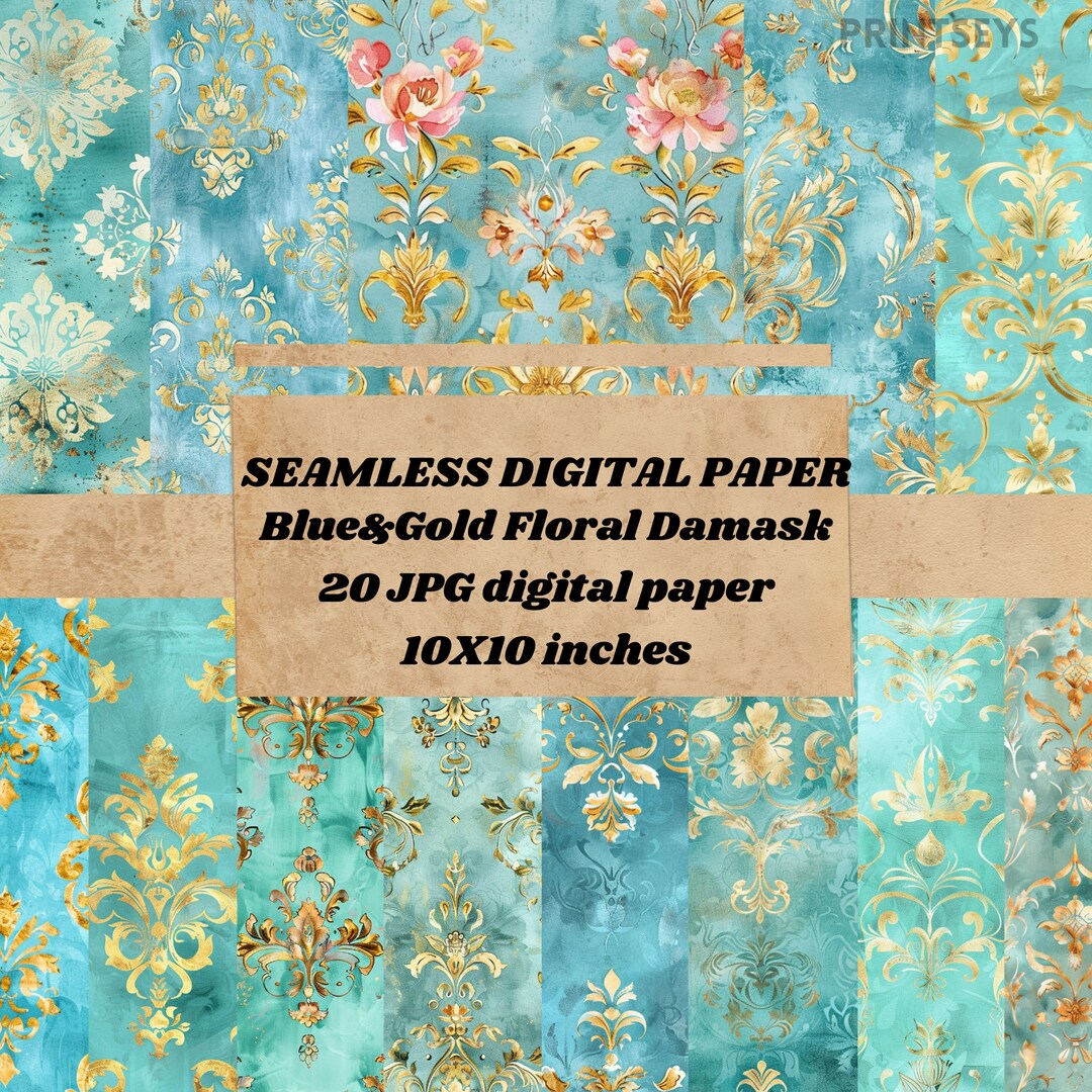 Blue and Gold Damask Digital Paper, Vintage Textured Paper, Scrapbook ...