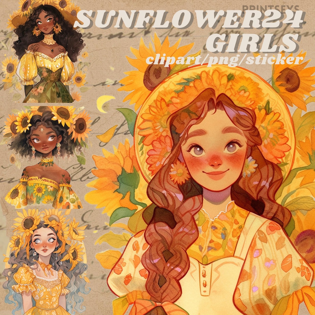 Cottagecore Sunflower Girls Digital Sticker, Vintage Floral Png ...