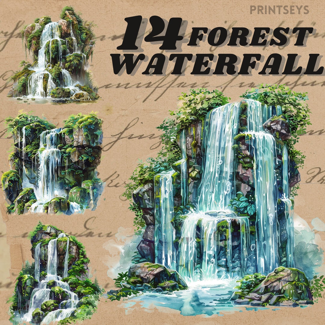 Watercolour Forest Waterfall Digital Sticker, Clipart Bundle, Whimsical ...