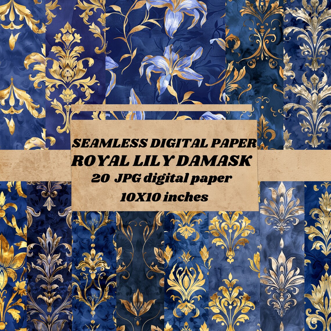 Gold Lily Damask Digital Paper, Rustic Vintage Textured Paper ...