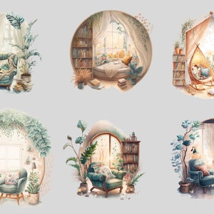 Watercolour Bookworm Cozy Reading Corner Clipart Bundle, Bookshelf ...