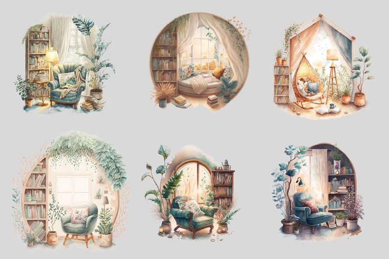 Watercolour Bookworm Cozy Reading Corner Clipart Bundle, Bookshelf ...