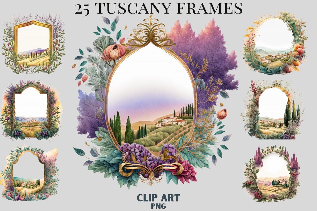 Watercolour Tuscany Frame Set Clipart Bundle, Italy Clipart, Vintage ...