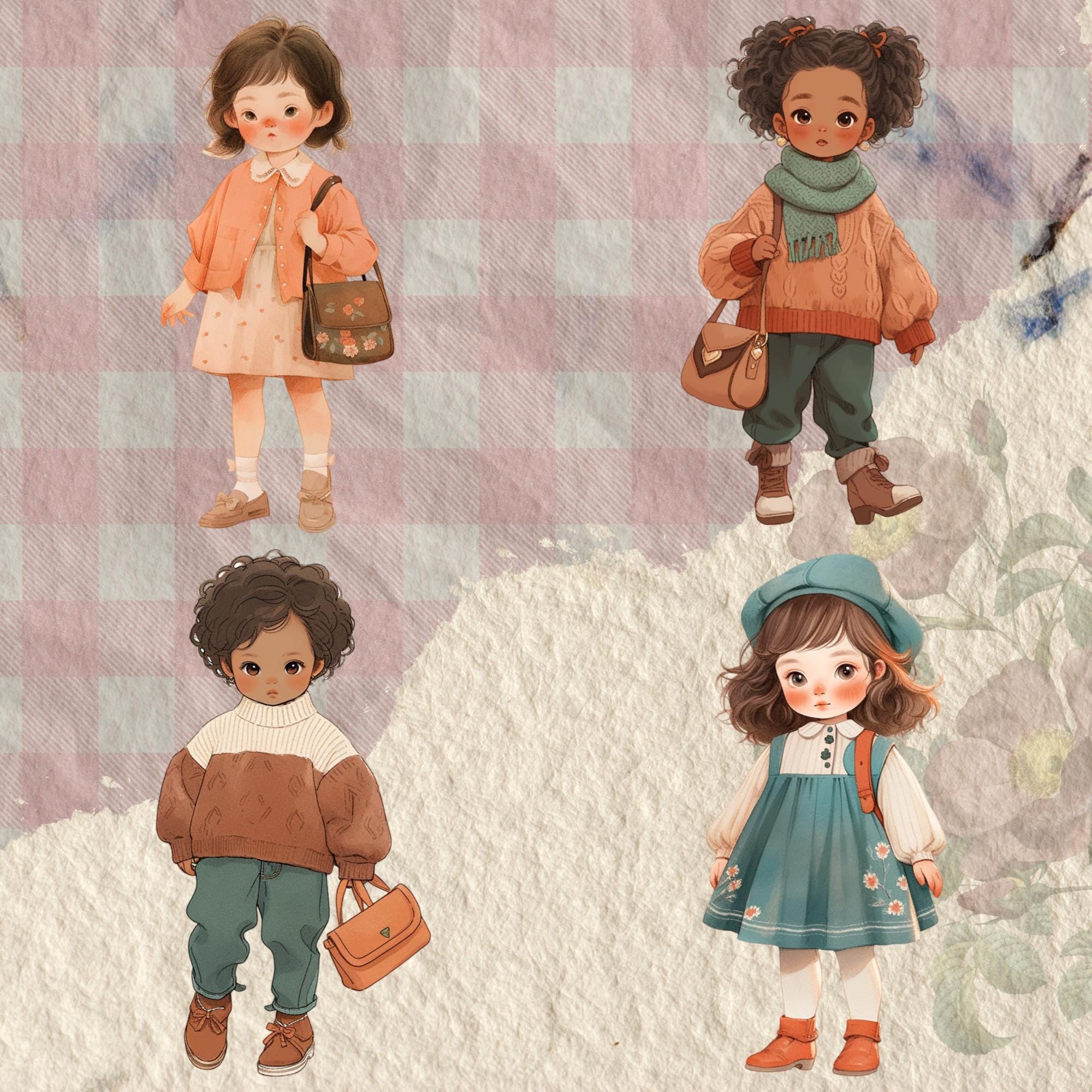 Cute Cottagecore Toddler Kid Fashion Outfit Clipart Bundle, Vintage ...