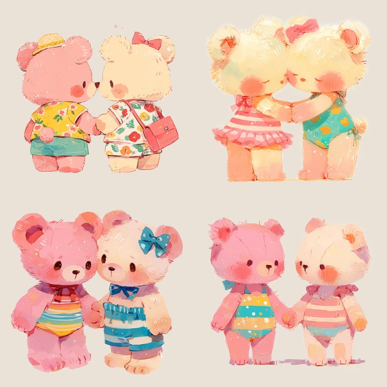 Cute Teddy Bear Summer Friends Digital Sticker, Vintage Summer Clipart ...