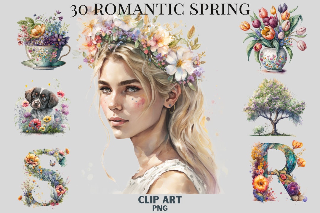 Watercolour Romantic Blooming Spring Clipart Bundle, Fantasy, Flowers ...