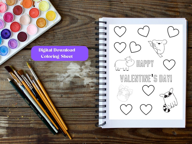 Valentine's Day Coloring Sheet, Hearts, Animals, Happy Valentine's Day ...