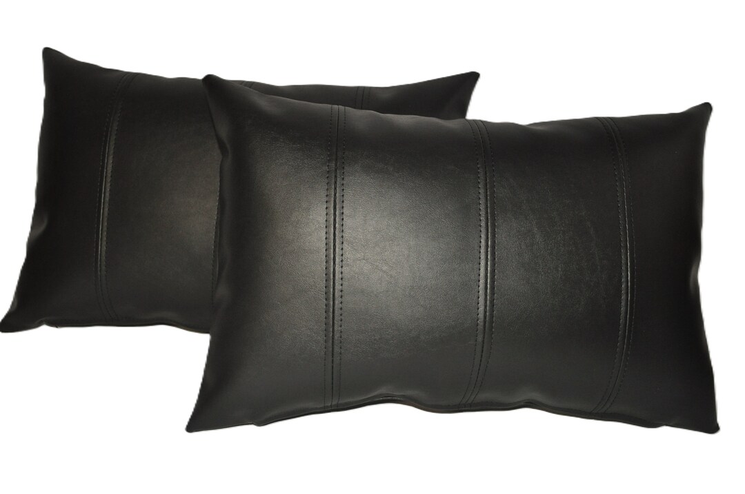 2 Black Stripe Faux Leather Bolster Cushions 21" X 14" 54cm X 36cm With ...