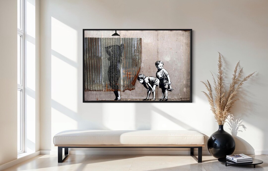 Banksy Boys Spying on Woman Shower Framed Printed Canvas Wall Art ...