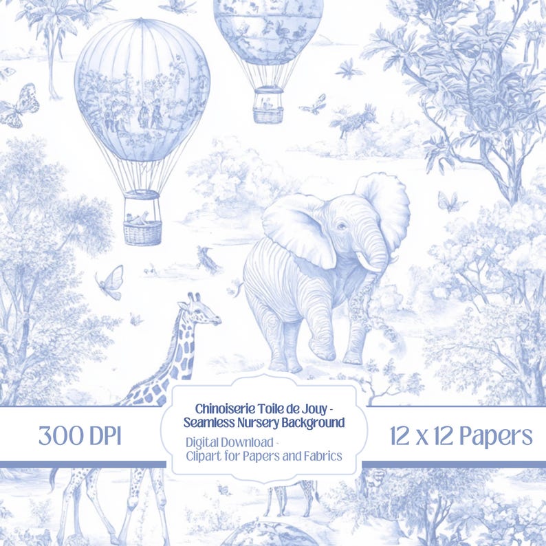 Blue Chinoiserie Toile De Jouy Pattern | 12x12 Digital Scrapbook Paper ...