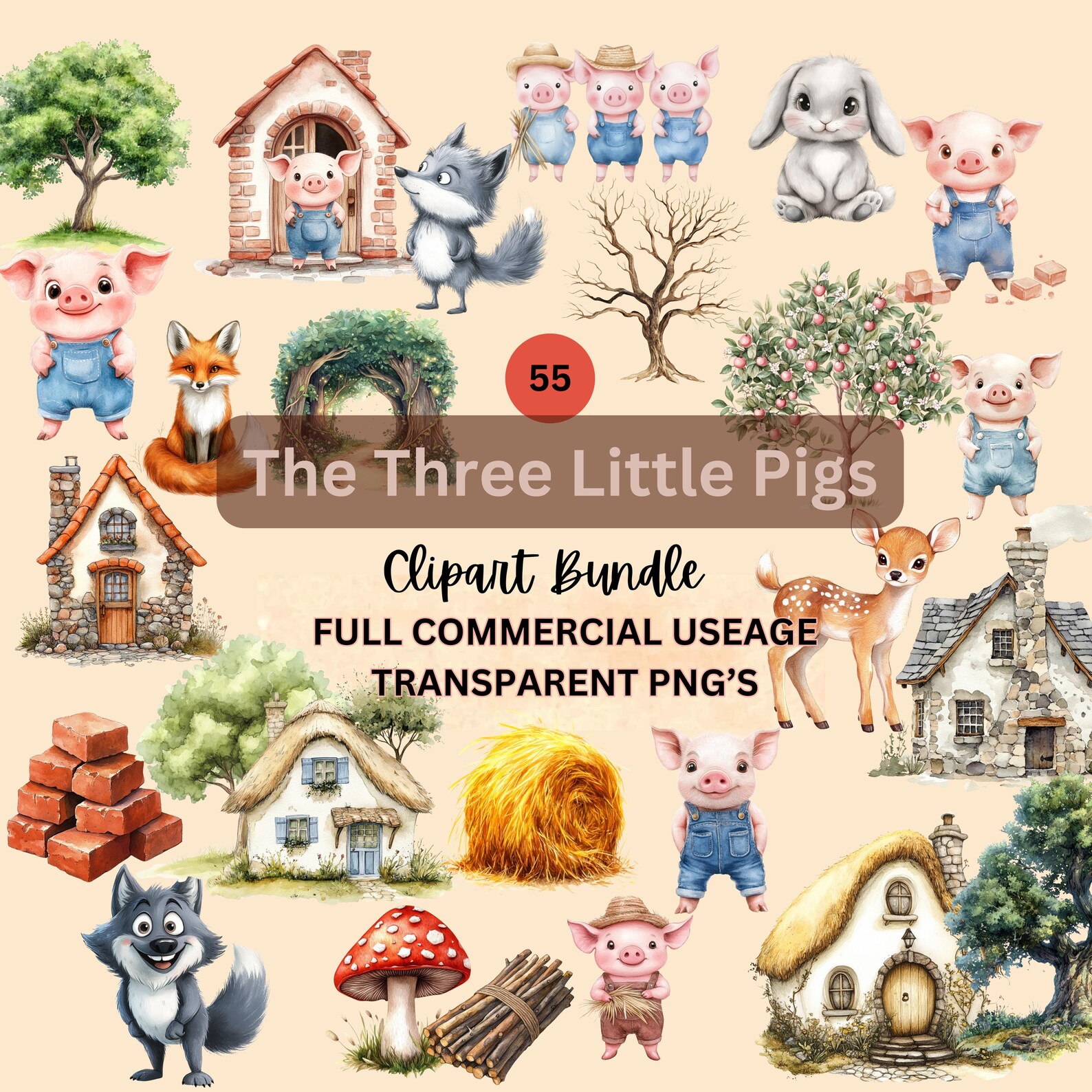 Three Little Pigs Clipart Bundle | Cute Piglet & Big Bad Wolf ...
