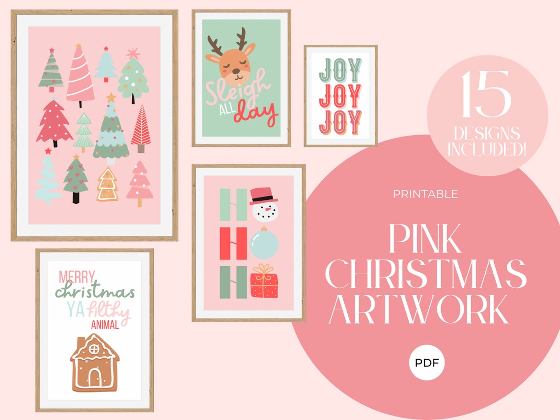 Pink Christmas Wall Art | Set of 15 Printable Artwork Designs | Instant ...