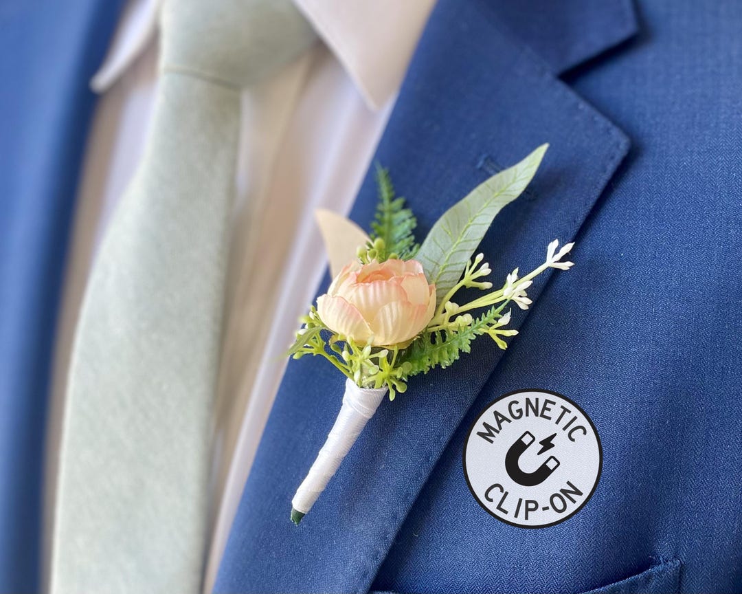 Peach Peony Boutonniere, Magnetic Mens Wedding Boutonniere, Apricot ...
