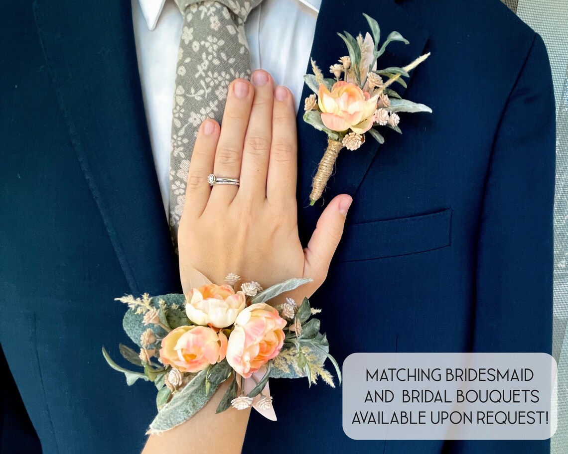 Peach Peony Boutonniere, Magnetic Men Wedding Boutonniere, Apricot ...