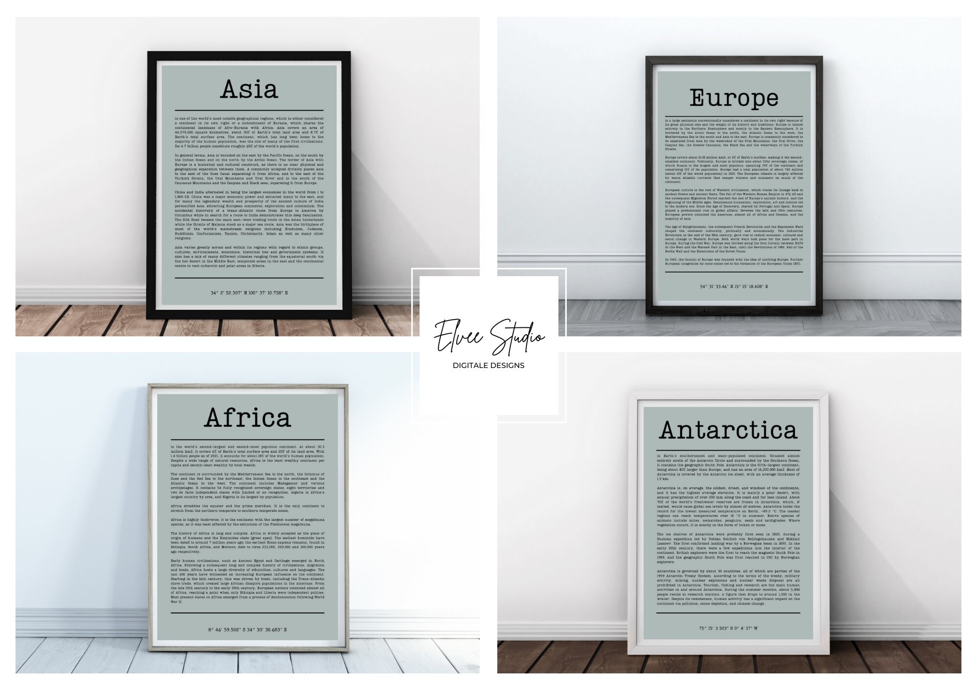 Continents Poster Set Sage Black - Etsy