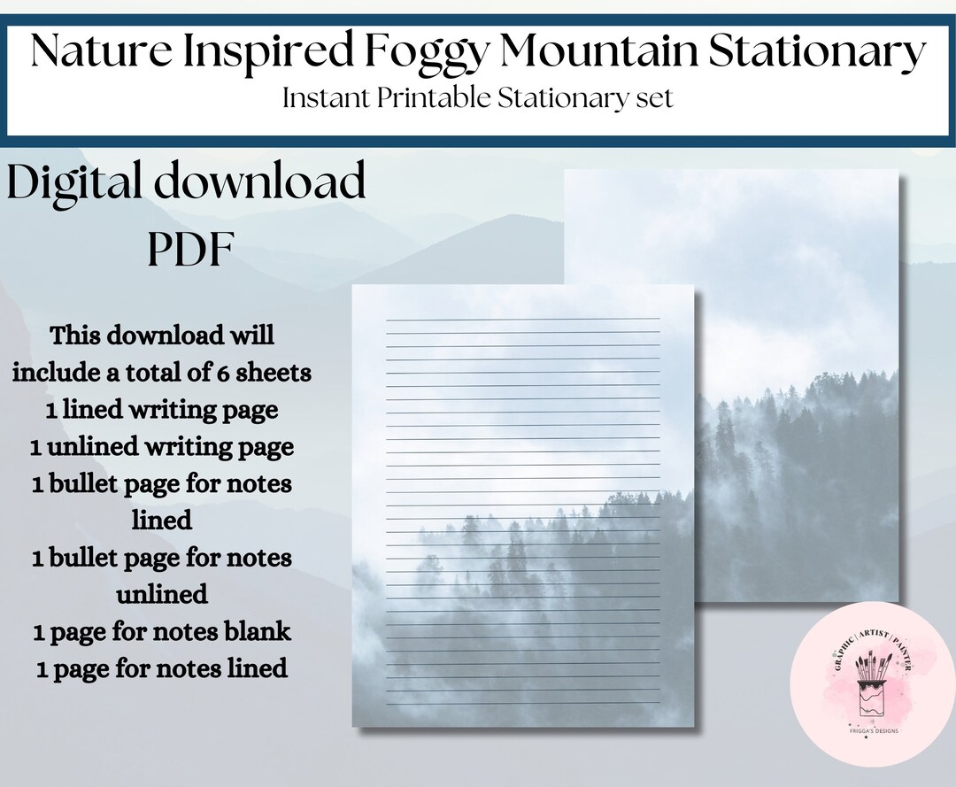 Foggy Mountain Printable Stationary, Nature Art, Letter Writing Paper ...