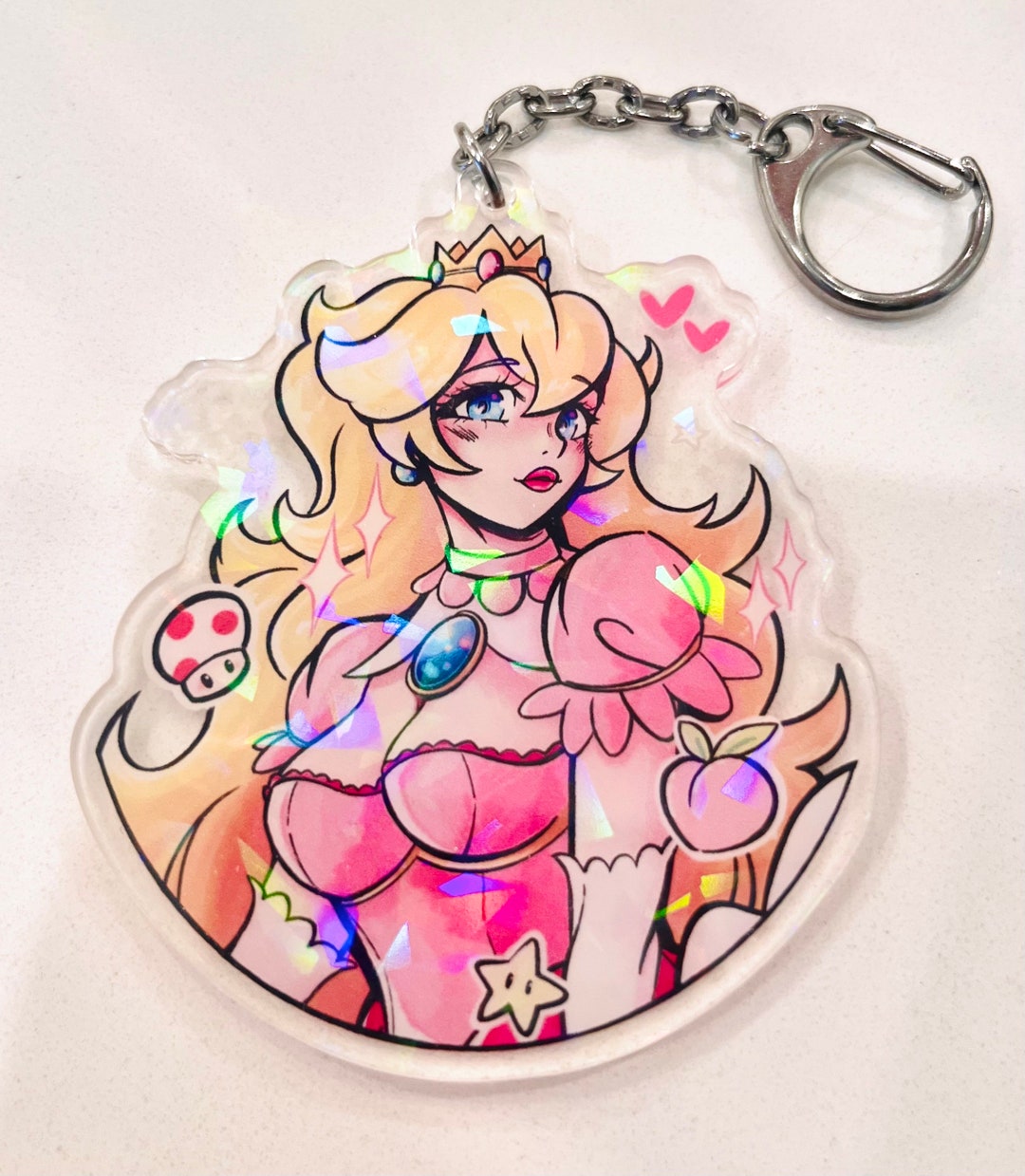 Holo Peach Acrylic Keychain | Super Charm | Princess Gamer Girl - Etsy