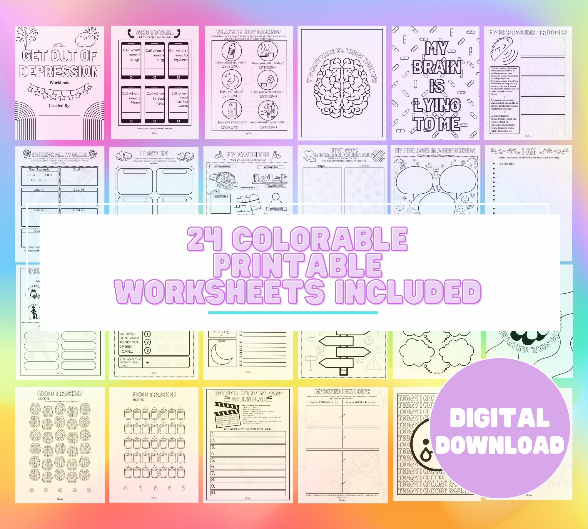 Printable Depression Worksheets, Self Help Worksheets,mental Health ...