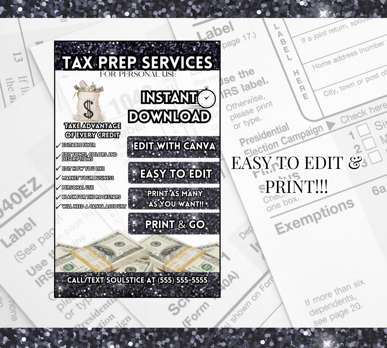 Black Glitter Tax Prep Flyer, 2024 Tax Season, Business Flyer, Flyers ...