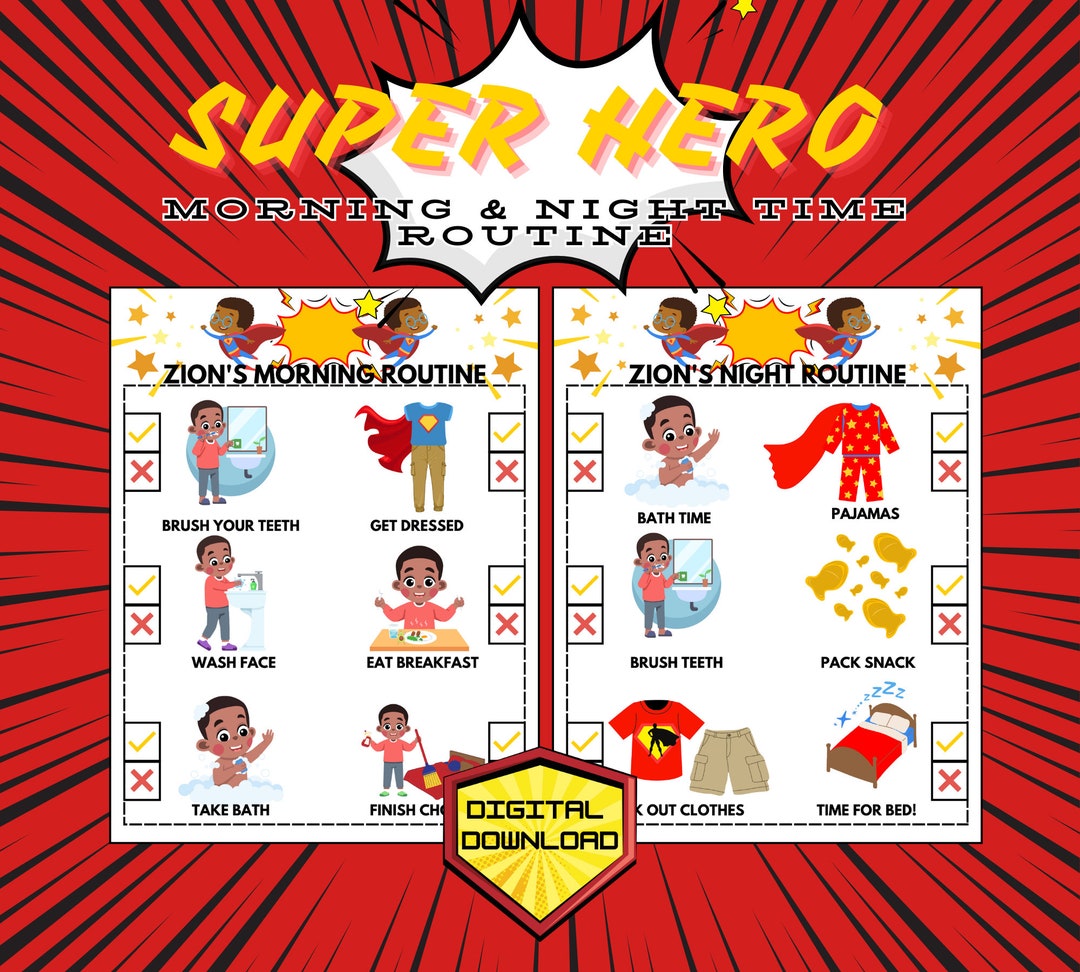 Super Hero Kids Morning & Night Routine Charts, Printable, Chore ...