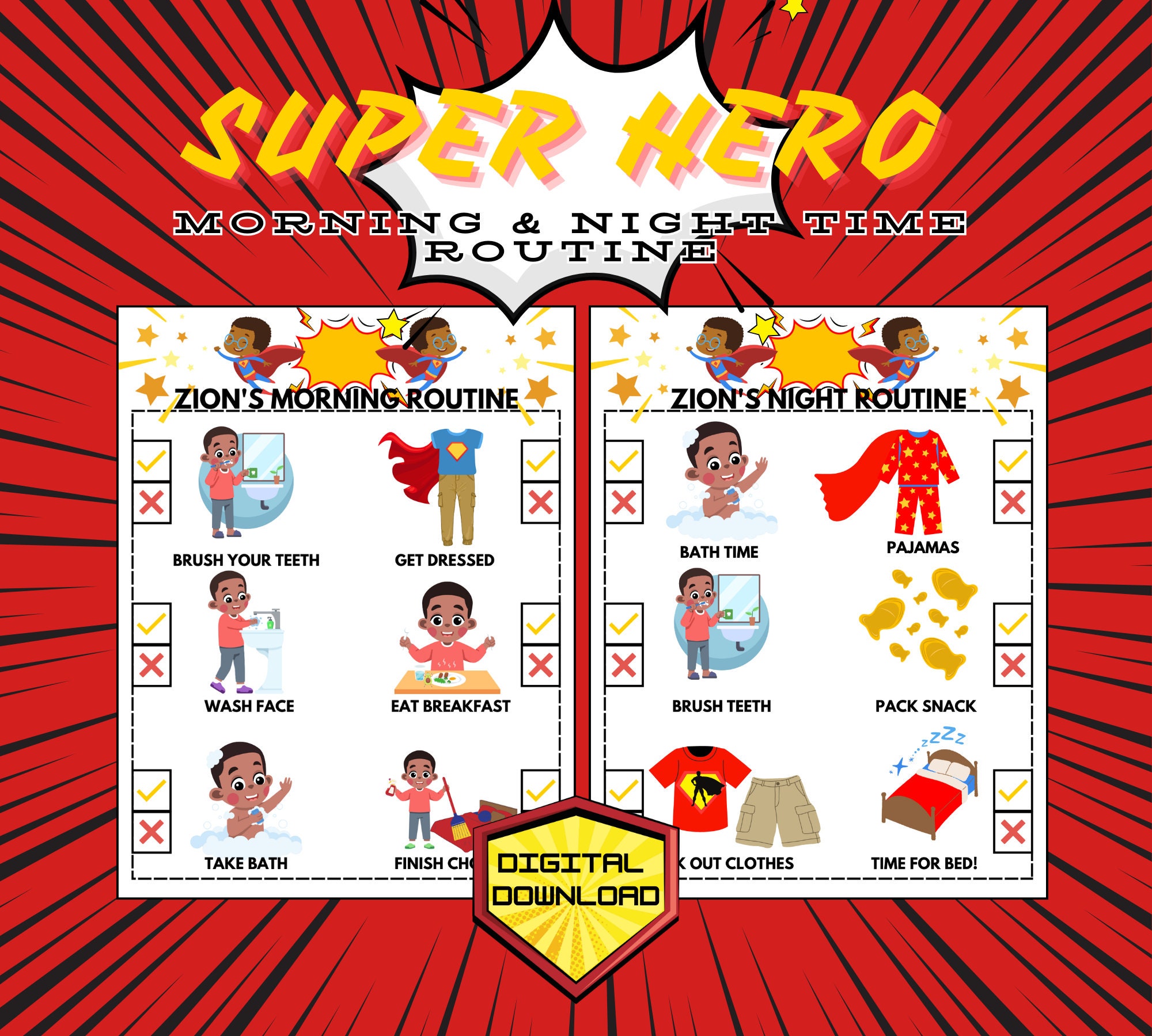 Super Hero Kids Morning & Night Routine Charts, Printable, Chore ...