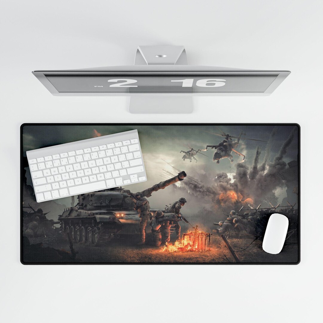 Military Warfare Desk Mat, Army Tanks Attack Helicopter War Soldiers ...