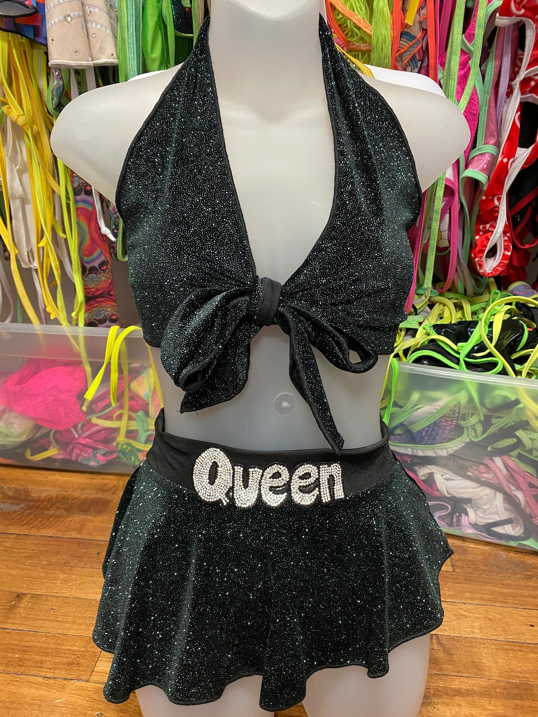 JILLYROCKS 4 3 Pc Green Velvet Flair Skirt Halter Set QUEEN Bling Thong ...