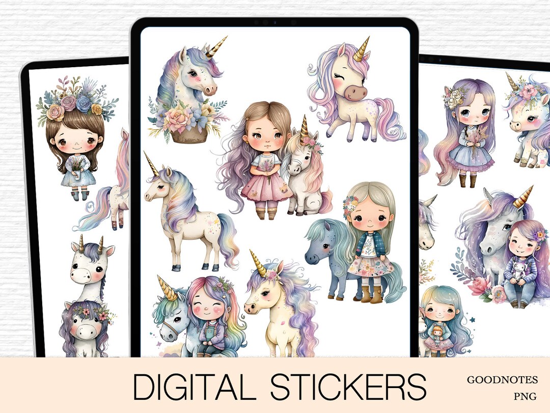 Digital Stickers Precropped Cute Chibbi Girls and Rainbow Unicorns ...