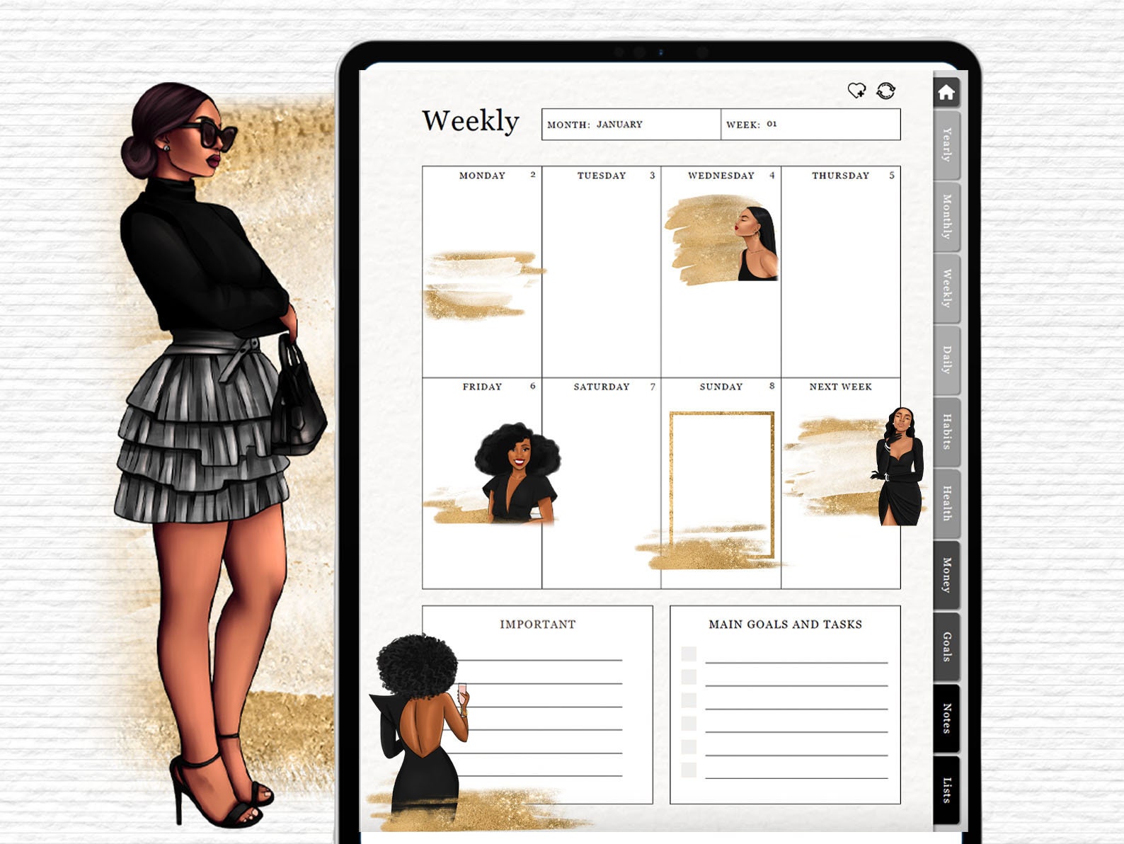 Digital Stickers for Goodnotes Black Girls Digital Stickers Gold ...
