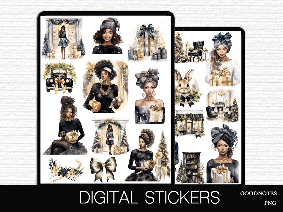 Gold Christmas Digital Stickers With Black Girl Winter Sticker Kit ...
