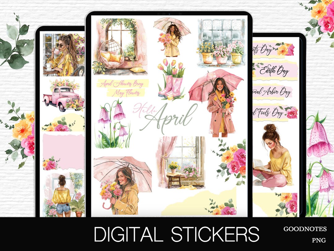 April Digital Planner Sticker for Goodnotes Pink Yellow Floral iPad ...