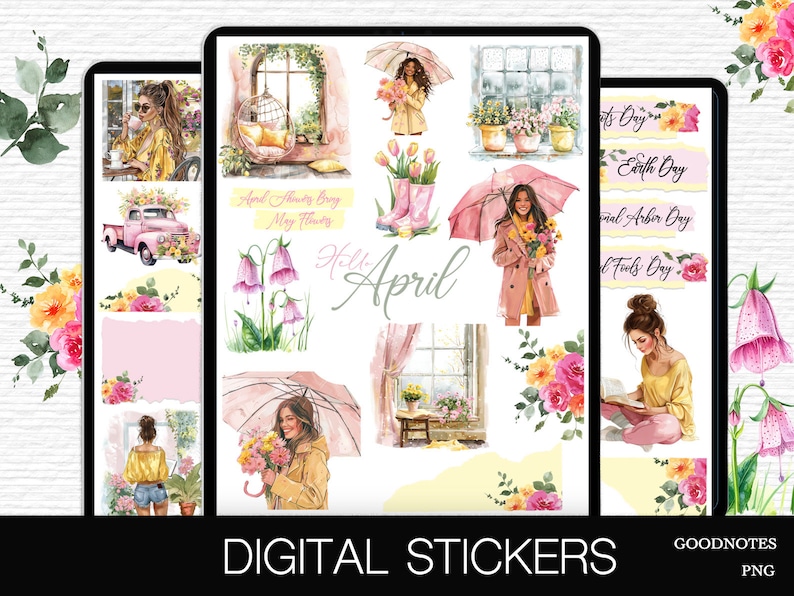 April Digital Planner Sticker for Goodnotes Pink Yellow Floral iPad ...