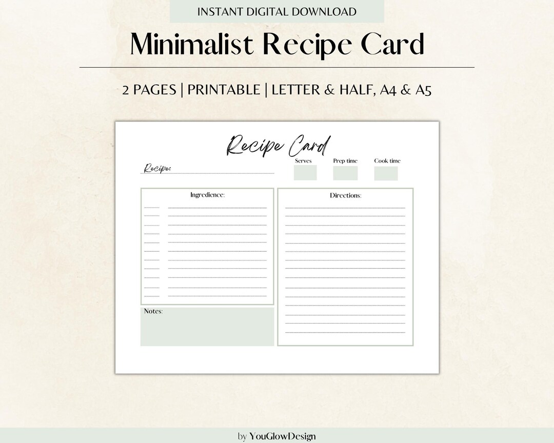 Recipe Card Printable, Recipe Card Template, Minimal, Simple, Modern ...