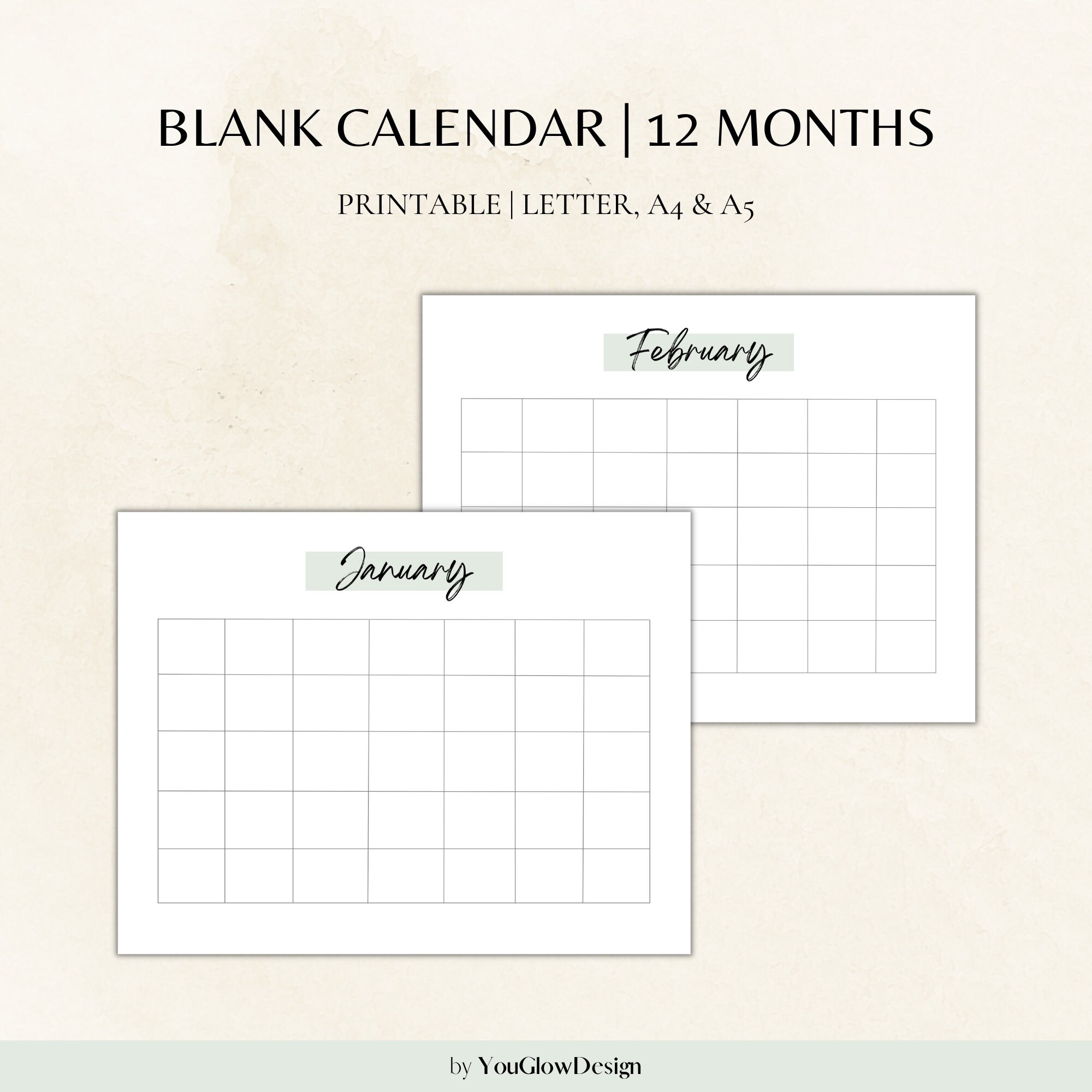 Blank Calendar Printable Blank Monthly Calendar 12 Months - Etsy