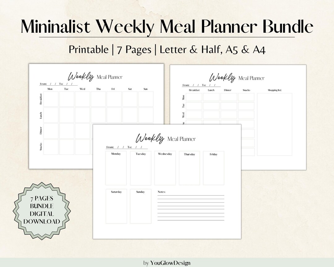 Undated Minimalist Weekly Meal Planner Bundle, 7 Pages, Weekly Meal ...