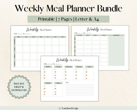 Weekly Meal Planner Bundle Food Diary With Grocery Shopping - Etsy