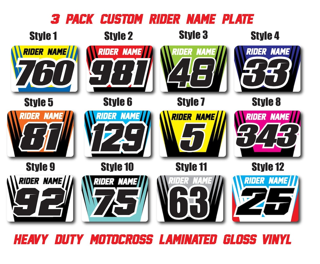 3x Number Plate Decal Stickers Custom Name Motocross Race Graphics ...